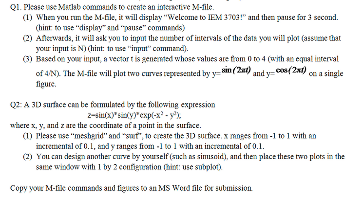 Q1. Please use Matlab commands to create an | Chegg.com