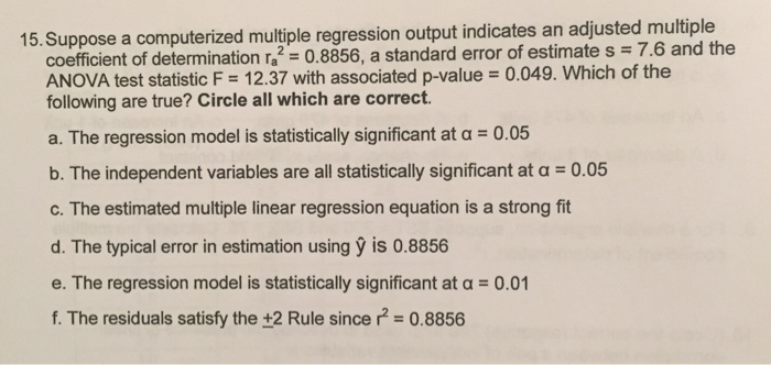 Solved Suppose a computerized multiple regression output | Chegg.com