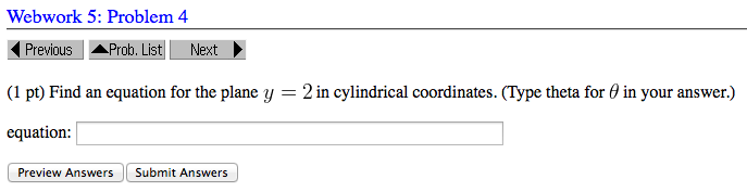 Solved Find an equation for the plane y = 2 in cylindrical | Chegg.com