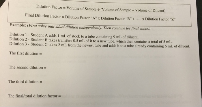 Solved Dilution Factor = Volume of Sample/(Volume of Sample | Chegg.com