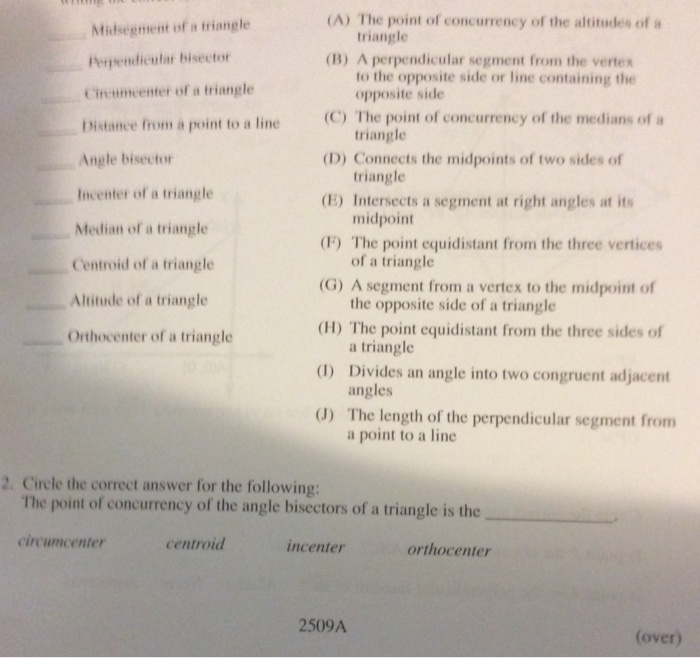 Solved Midsegment of a triangle The point of concurrency of | Chegg.com