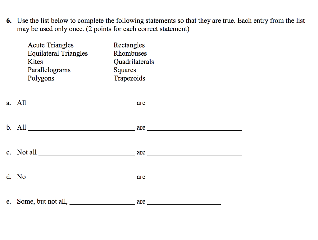 Solved 6. Use the list below to complete the following | Chegg.com