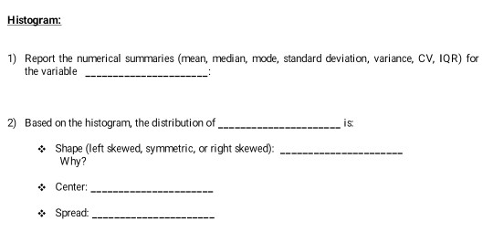 Solved Histogram: 1) Report the numerical summaries (mean, | Chegg.com
