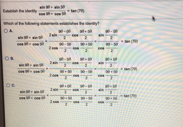 Solved Establish the identity sin 9 theta + sin 5 theta/cos | Chegg.com