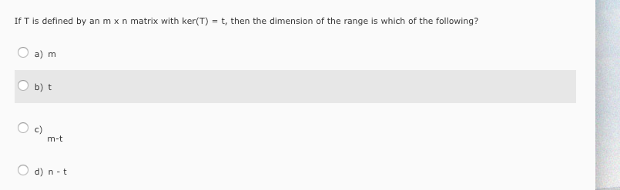 Solved If T is defined by an m times n matrix with ker(T) = | Chegg.com