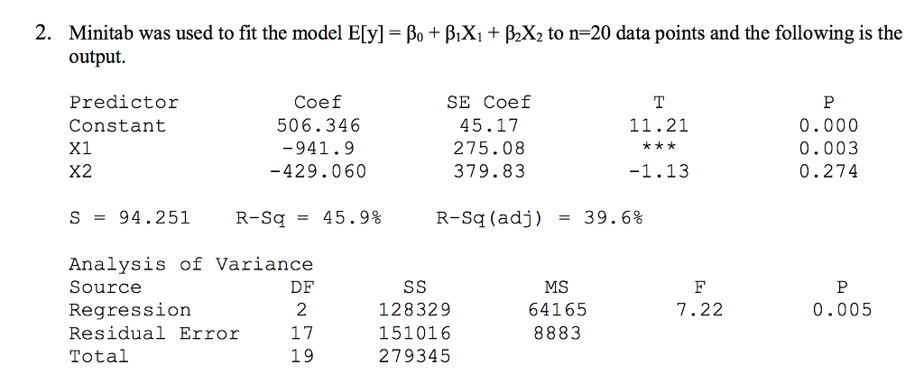 Solved 2. Minitab was used to fit the model Ely] Bo BiX1 | Chegg.com