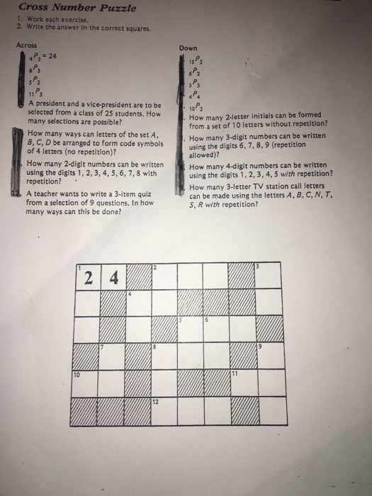 Solved Cross Number Puzzle 1. Work each exercise, 2. Write | Chegg.com