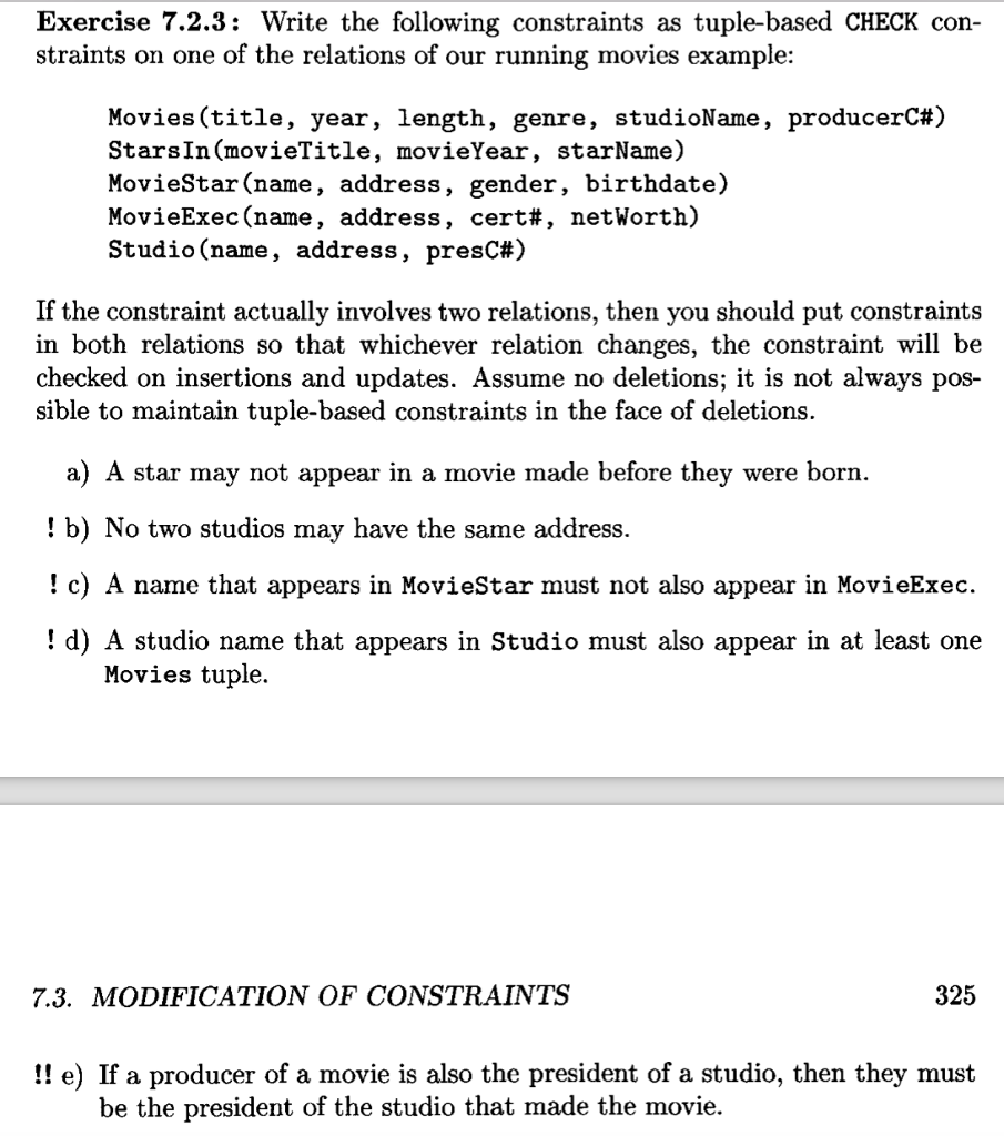 Solved Write the following constraints as tuple-based CHECK | Chegg.com
