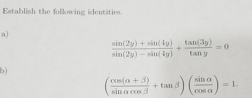 Solved Establish the following identities. a) ) tan(3y) | Chegg.com