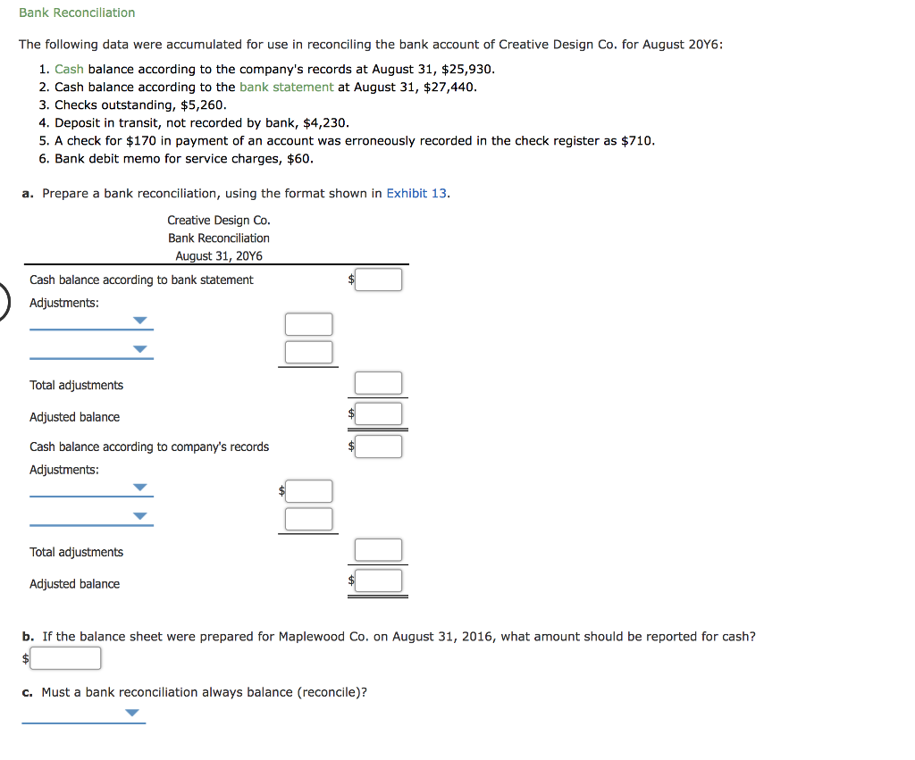Solved Bank Reconciliation The following data were gathered | Chegg.com