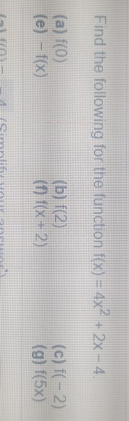 Solved Find the following for the function f(x)=4x2 +2x-4. | Chegg.com