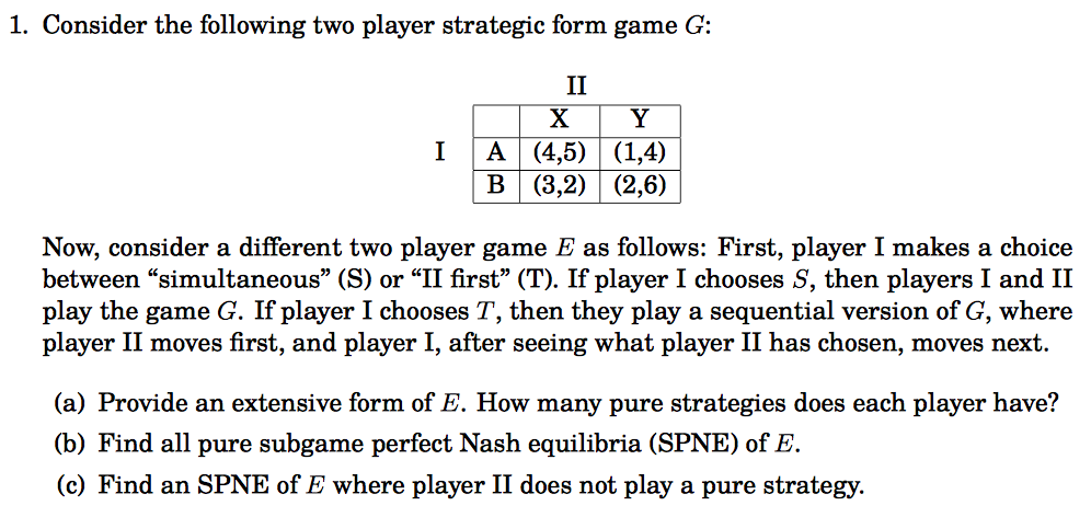 Consider the following two player strategic form game | Chegg.com