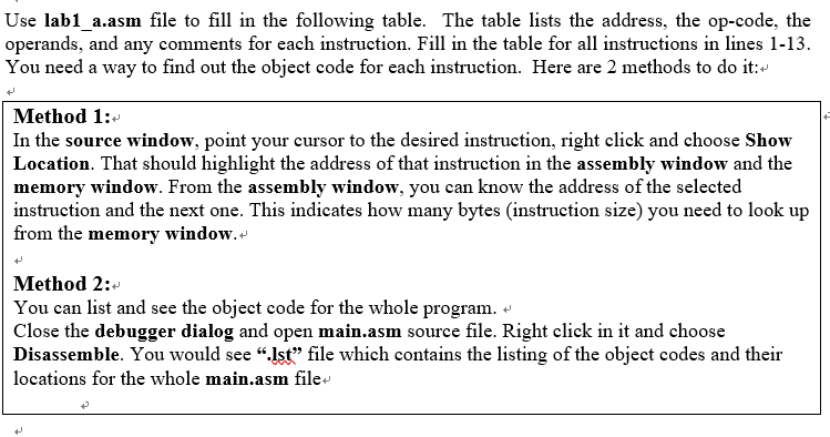 Use lab1_a.asm file to fill in the following table. | Chegg.com