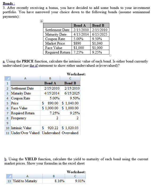 Solved I need the 'Excel' formulas. The PRICE one in | Chegg.com