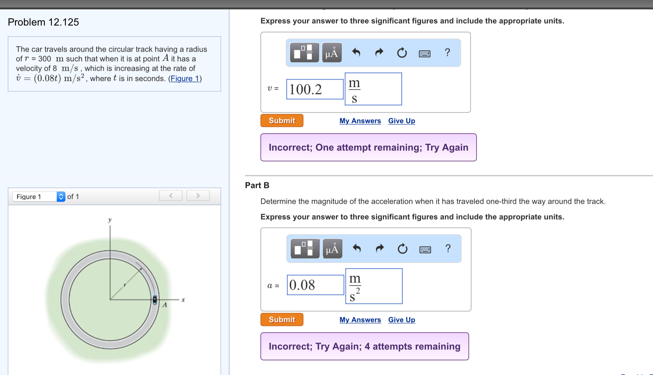 Solved The car travels around the circular track having a | Chegg.com