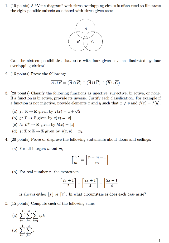 Solved 1. (10 points) A "Venn diagram" with three | Chegg.com