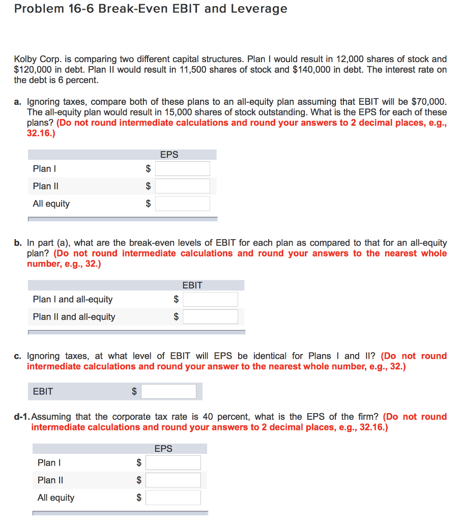Solved Problem 16-6 Break-Even EBIT and Leverage Kolby Corp. | Chegg.com
