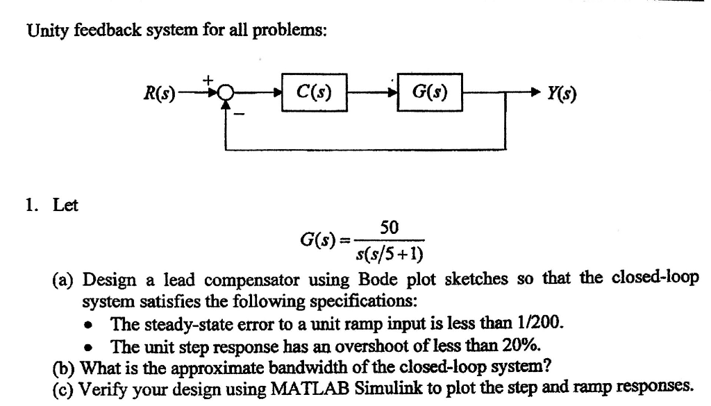 Solved Unity feedback system for all problems: Let G(s) = | Chegg.com