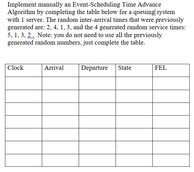 Implement manually an Event-Scheduling Time Advance | Chegg.com