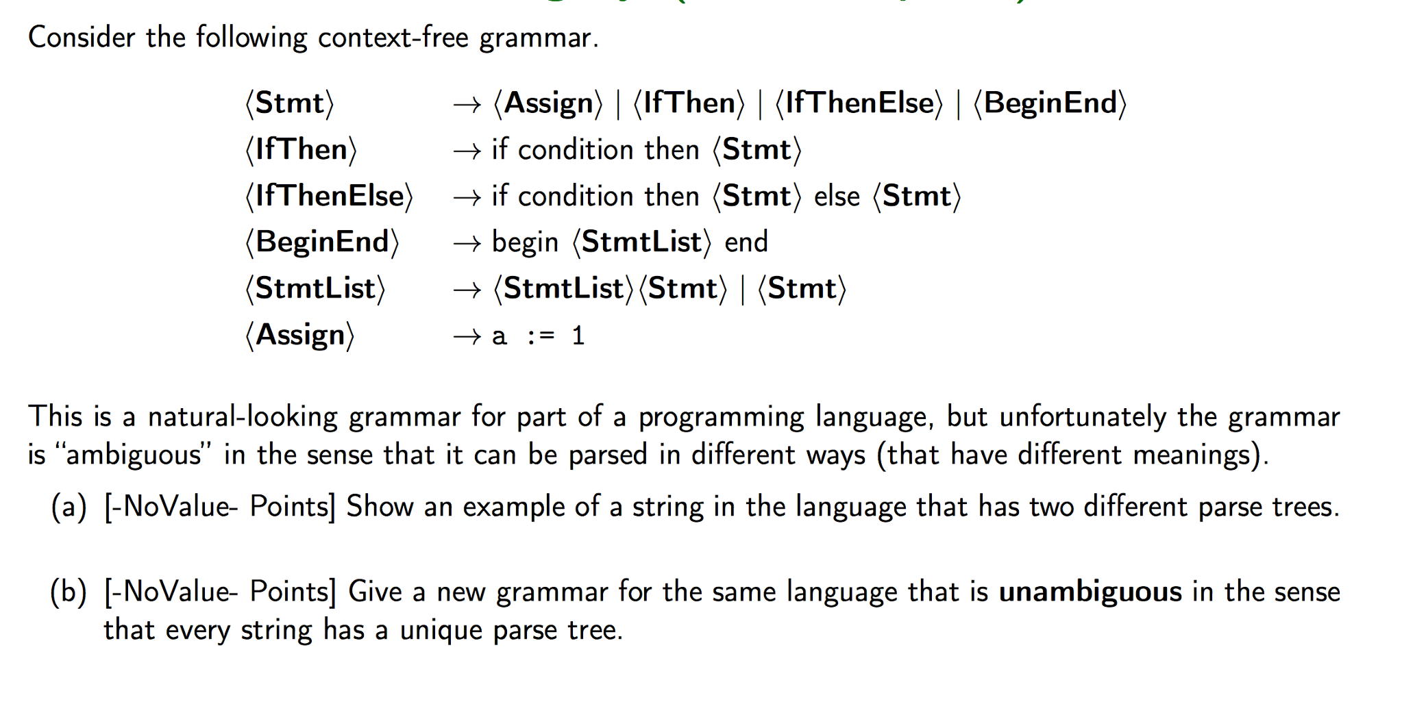 Consider the following context-free grammar. (Stmt) | Chegg.com