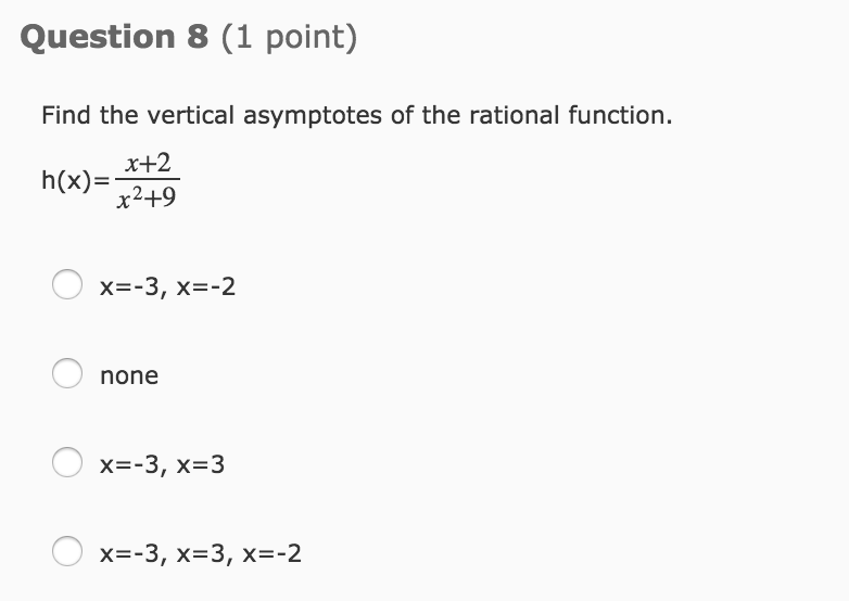 Solved Question 8 (1 point) Find the vertical asymptotes of | Chegg.com