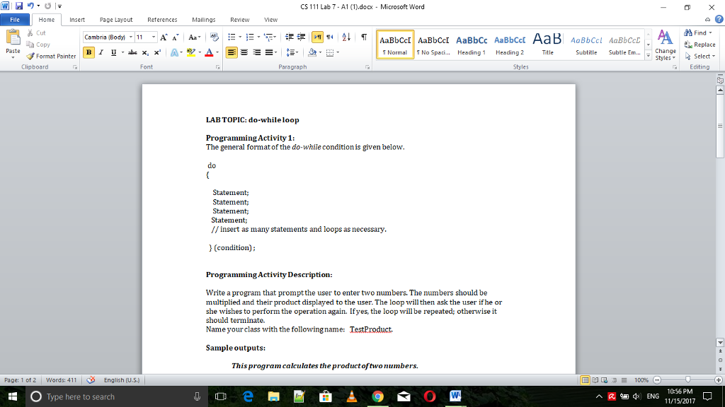 Solved W 9 |= CS 111 Lab 7-A1 (1).docx - Microsoft Word O X | Chegg.com