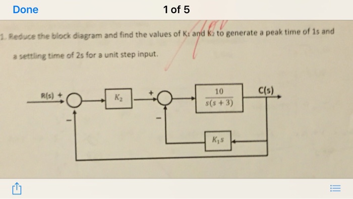 Solved Reduce the block diagram and find the values of K1 | Chegg.com