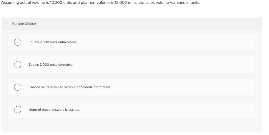 Solved Assuming actual volume is 10,000 units and planned | Chegg.com