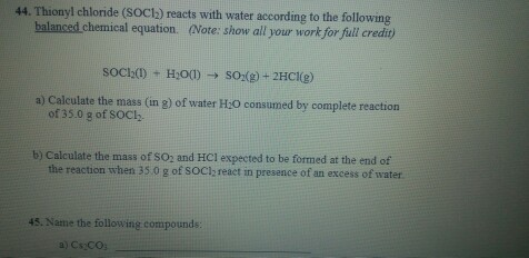 Solved Thionyl chloride (SOCl_2) reacts with water according | Chegg.com