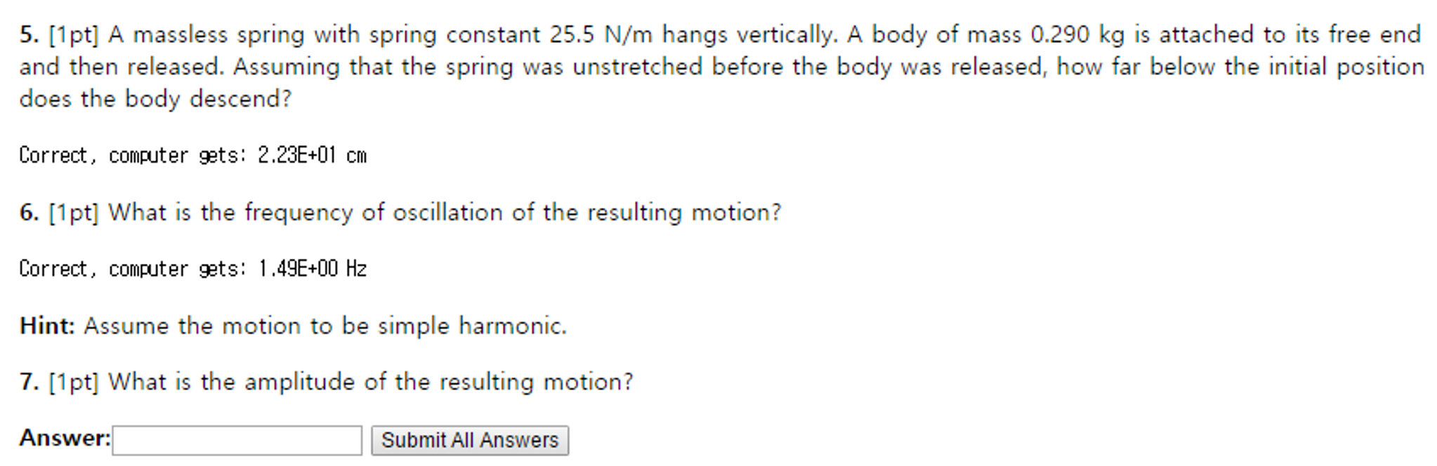 Solved A massless spring with spring constant 25.5 N/m hangs | Chegg.com