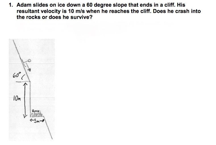 Solved 1. Adam slides on ice down a 60 degree slope that | Chegg.com