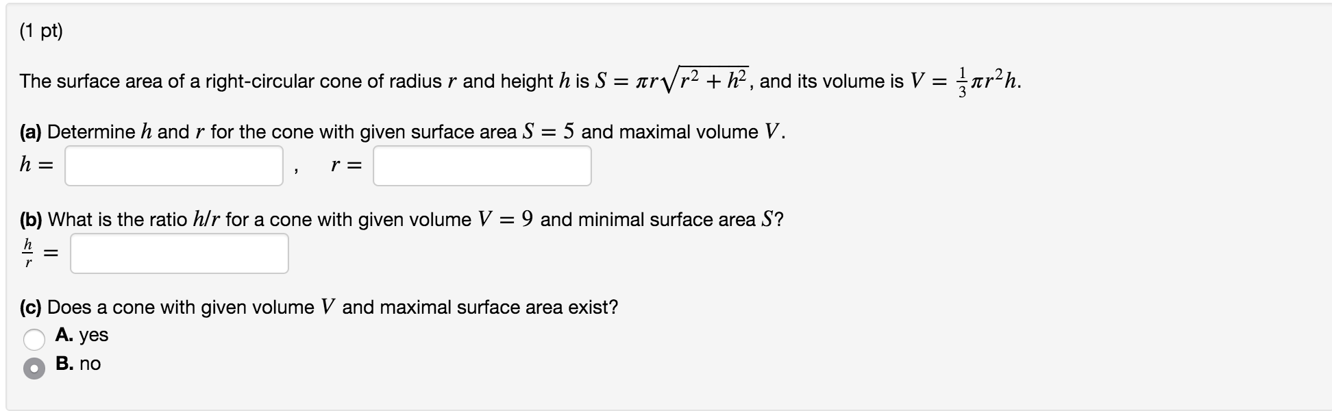 Solved The surface area of a right-circular cone of radius r | Chegg.com