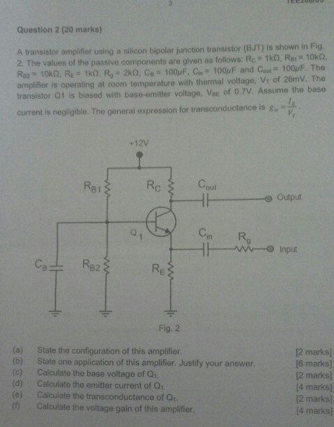 Solved A transistor amplifier using a silicon bipolar | Chegg.com