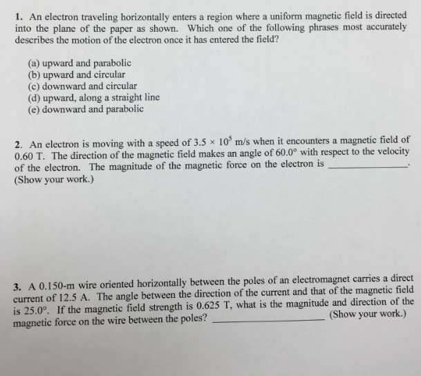 Solved An electron traveling horizontally enters a region | Chegg.com