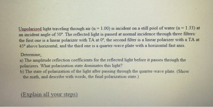 Solved Unpolanzed light traveling through air (n = 1 00) is | Chegg.com