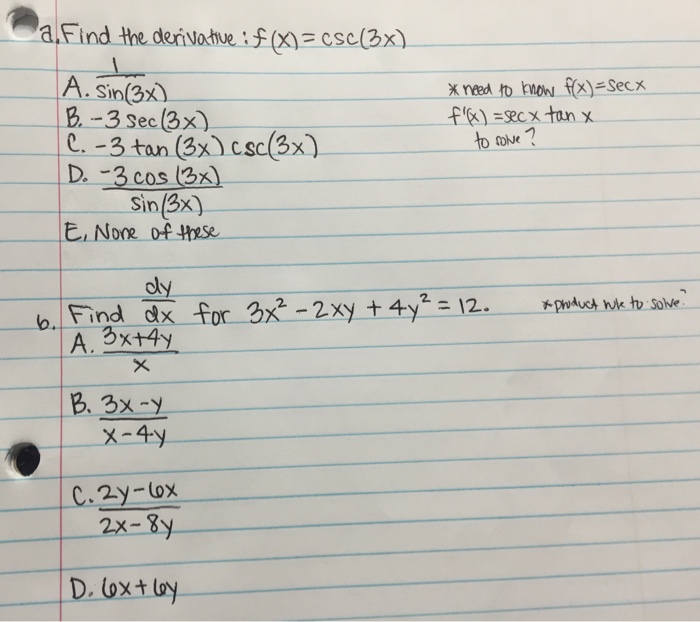 Solved Find derivative f(x)=csc(3x)Find dy/dx for 3x^2 - 2xy | Chegg.com Solved Find derivative f(x)=csc(3x)Find dy/dx for 3x^2 - 2xy | Chegg.com