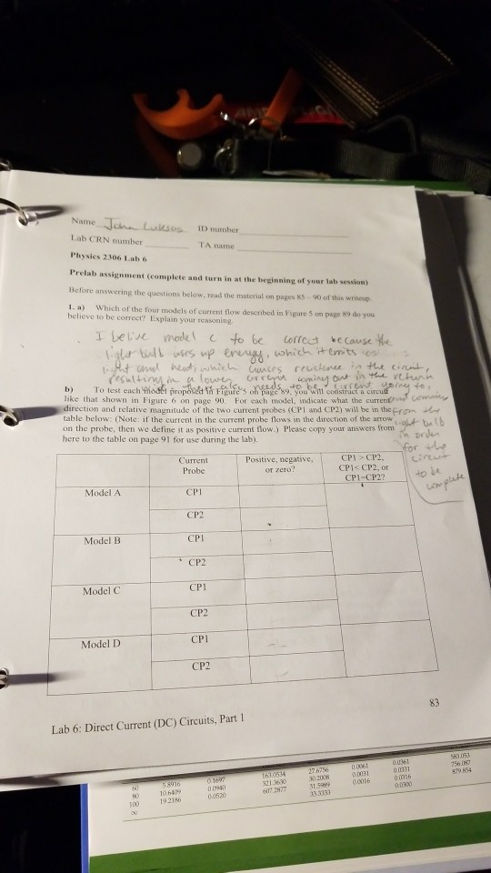 Lab CRN number TA name Physics 2306 Lab 6 Prelab | Chegg.com