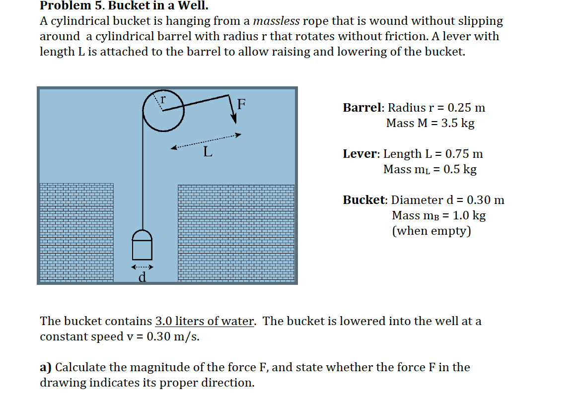 A cylindrical bucket is hanging from a massless rope | Chegg.com