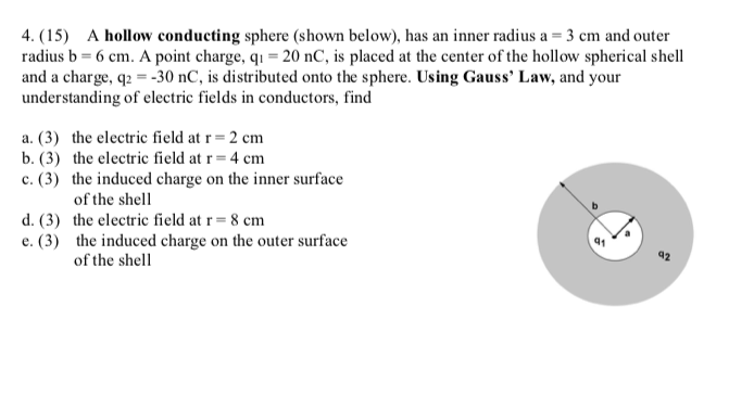Solved 4. (15) A hollow conducting sphere (shown below), has | Chegg.com