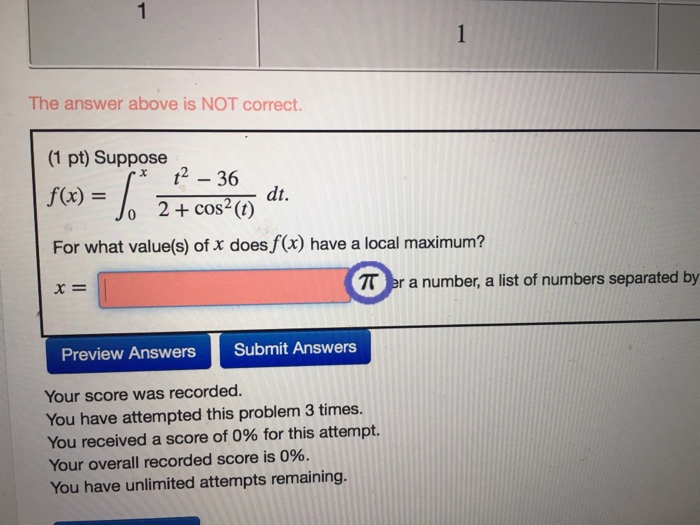 Solved Suppose f(x) = integral_0^x t^2 - 36/2 + cos^2(t) dt. | Chegg.com