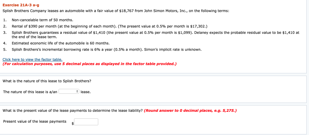 Exercise 21A-3 a-g Splish Brothers Company leases an | Chegg.com