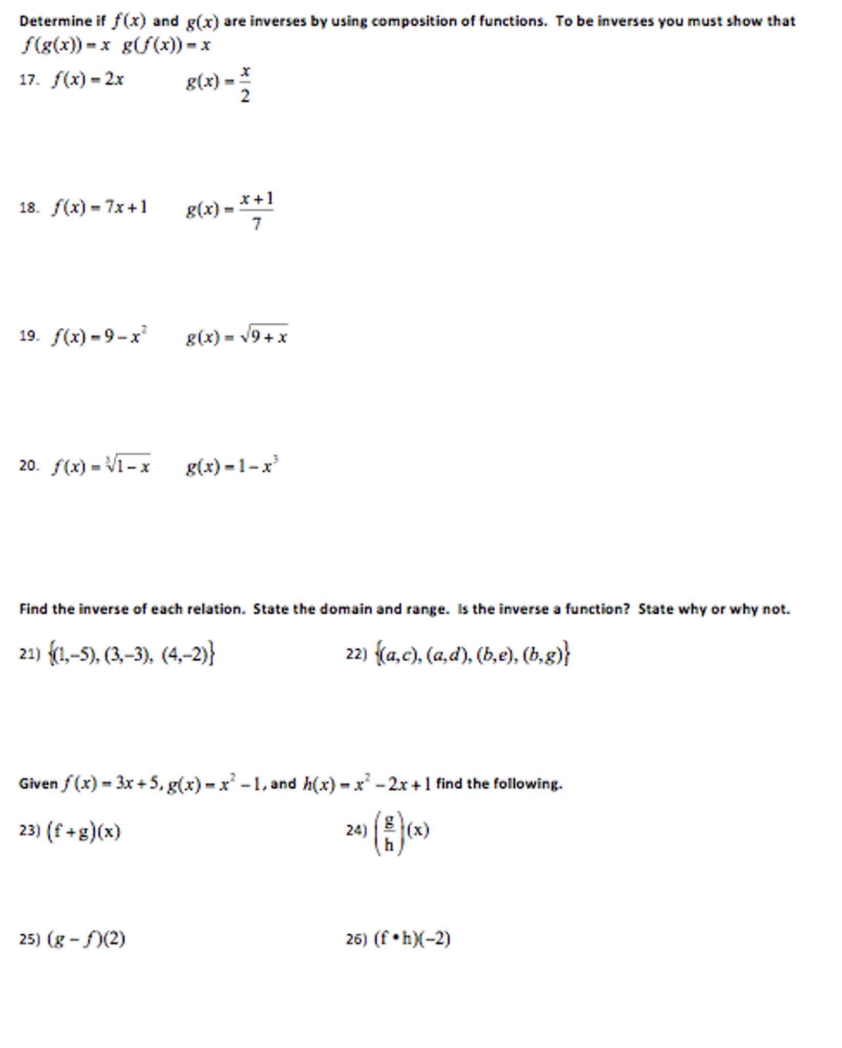 Solved Determine if f(x) and g(x) are inverses by using | Chegg.com