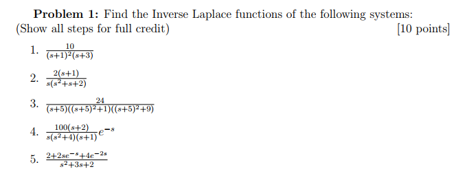 Solved Problem 1: Find the Inverse Laplace functions of the | Chegg.com