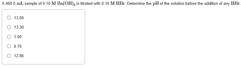 Solved 400.0 mL sample of 0.10 M Ba(OH)_2 is titrated with | Chegg.com