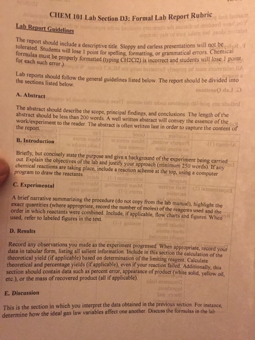 CHEM 101 Lab Section D3: Formal Lab Report Rubric Lab | Chegg.com