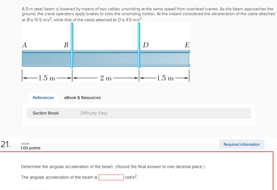 Solved A 5-m steel beam is lowered by means of two cables | Chegg.com