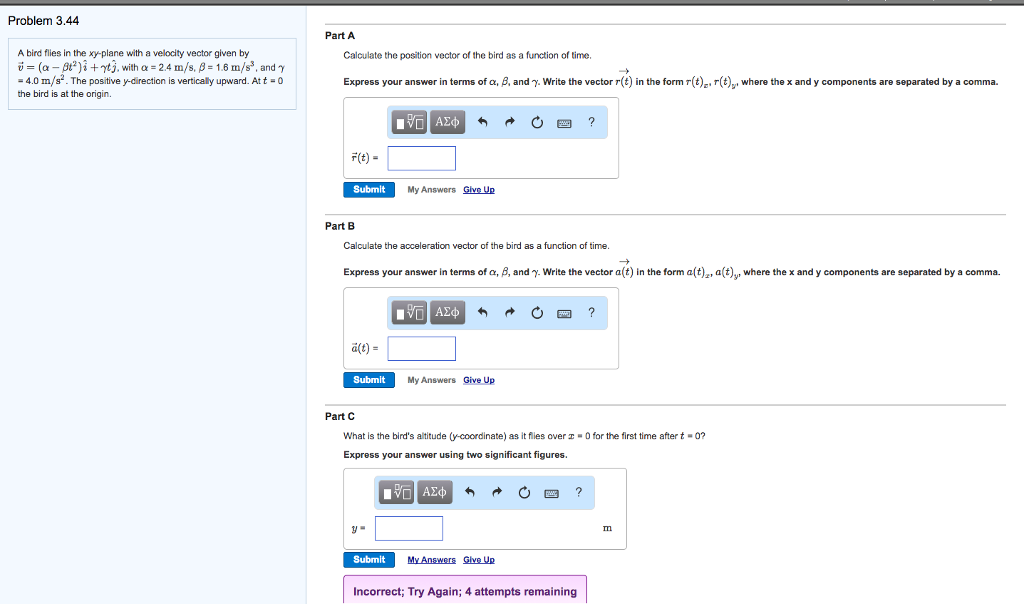 Solved Problem 3.44 Part A A bird flies in the xy-plane with | Chegg.com