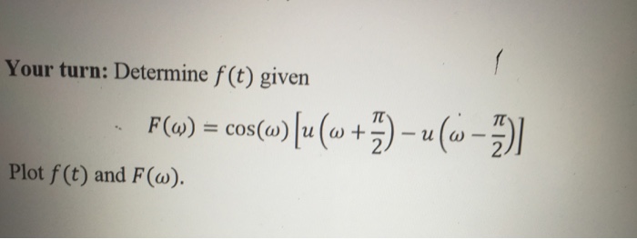 Solved Determine f(t) given F(omega) = cos(omega) [u (omega | Chegg.com
