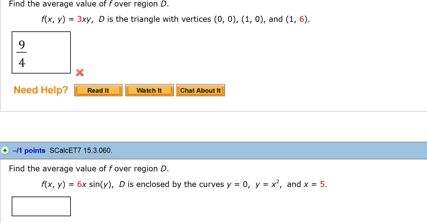 Solved Find the average value of f over region D. f(x, y) = | Chegg.com