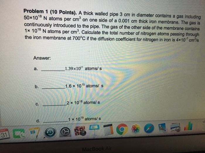 Solved A thick walled pipe 3 cm in diameter contains a gas | Chegg.com